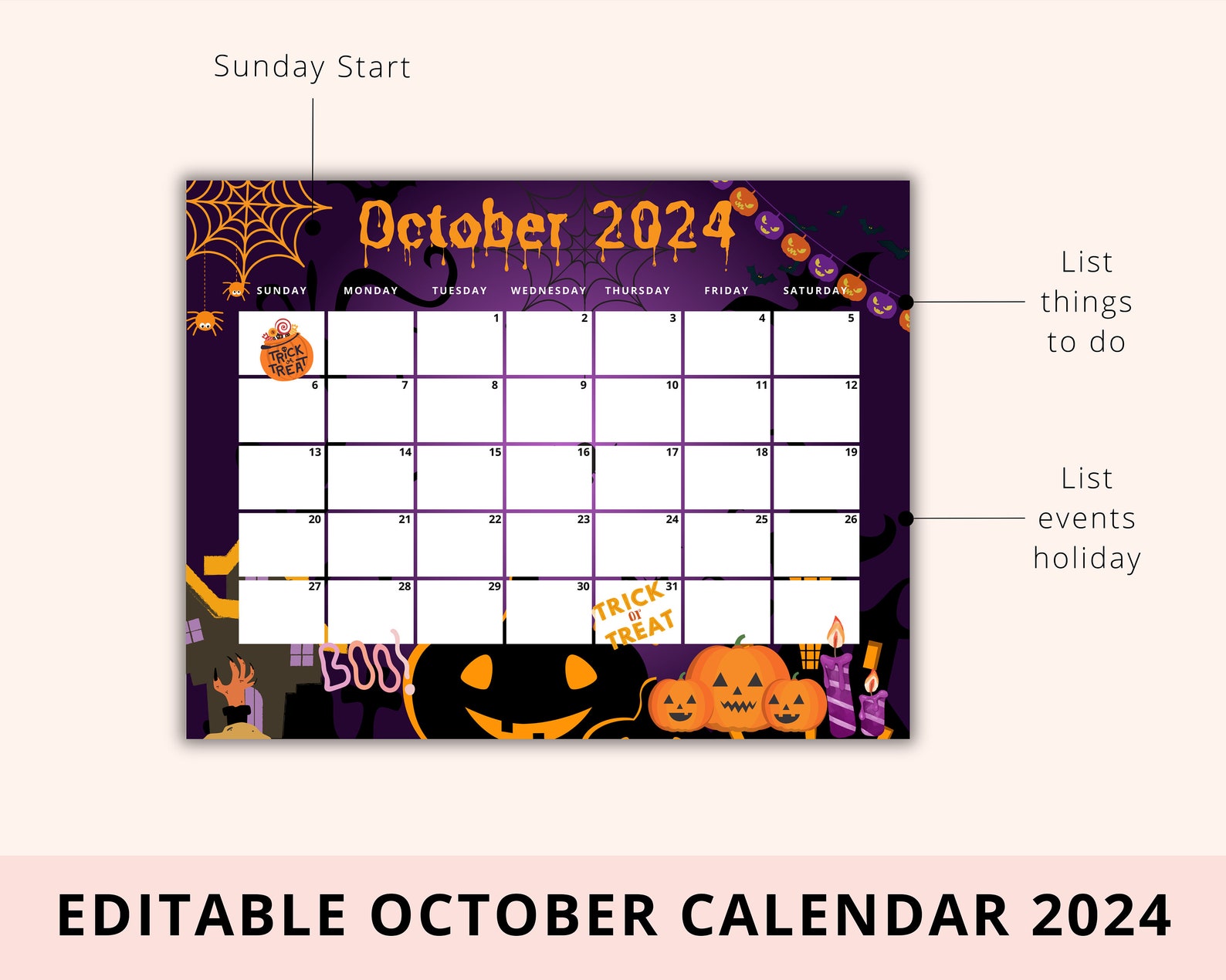 Editable October 2024 Calendar Printable, Trick or Treat, Halloween ...