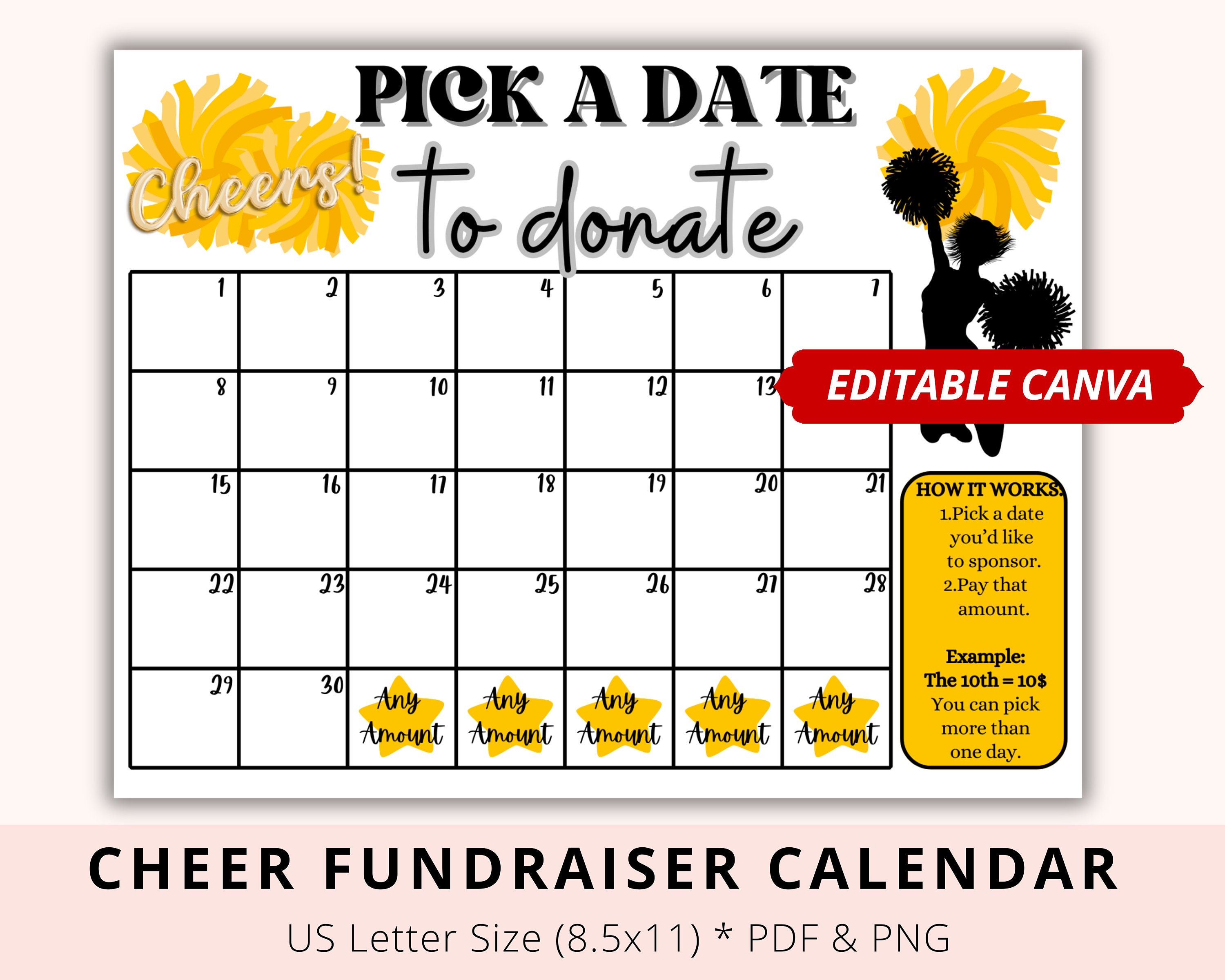 Cheer Pick a Date to Donate, Editable Canva Fundraiser, Fundraiser Idea ...