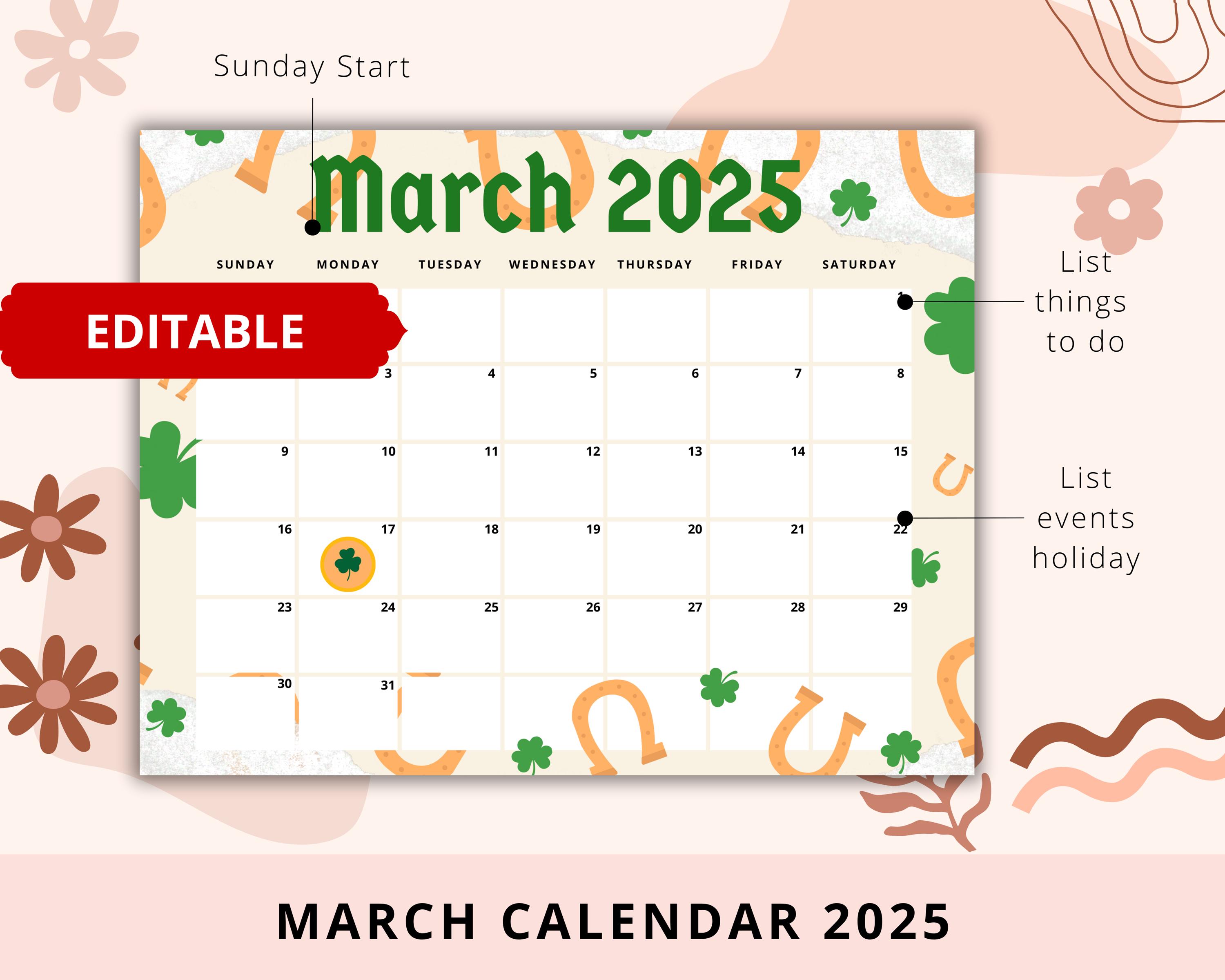 Editable March 2025 Calendar, St. Patrick's Day, Green Theme, March ...