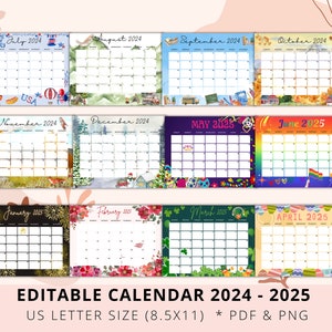 Editable Monthly Calendar 2024 2025, 12 Month, Back to School, Holiday ...