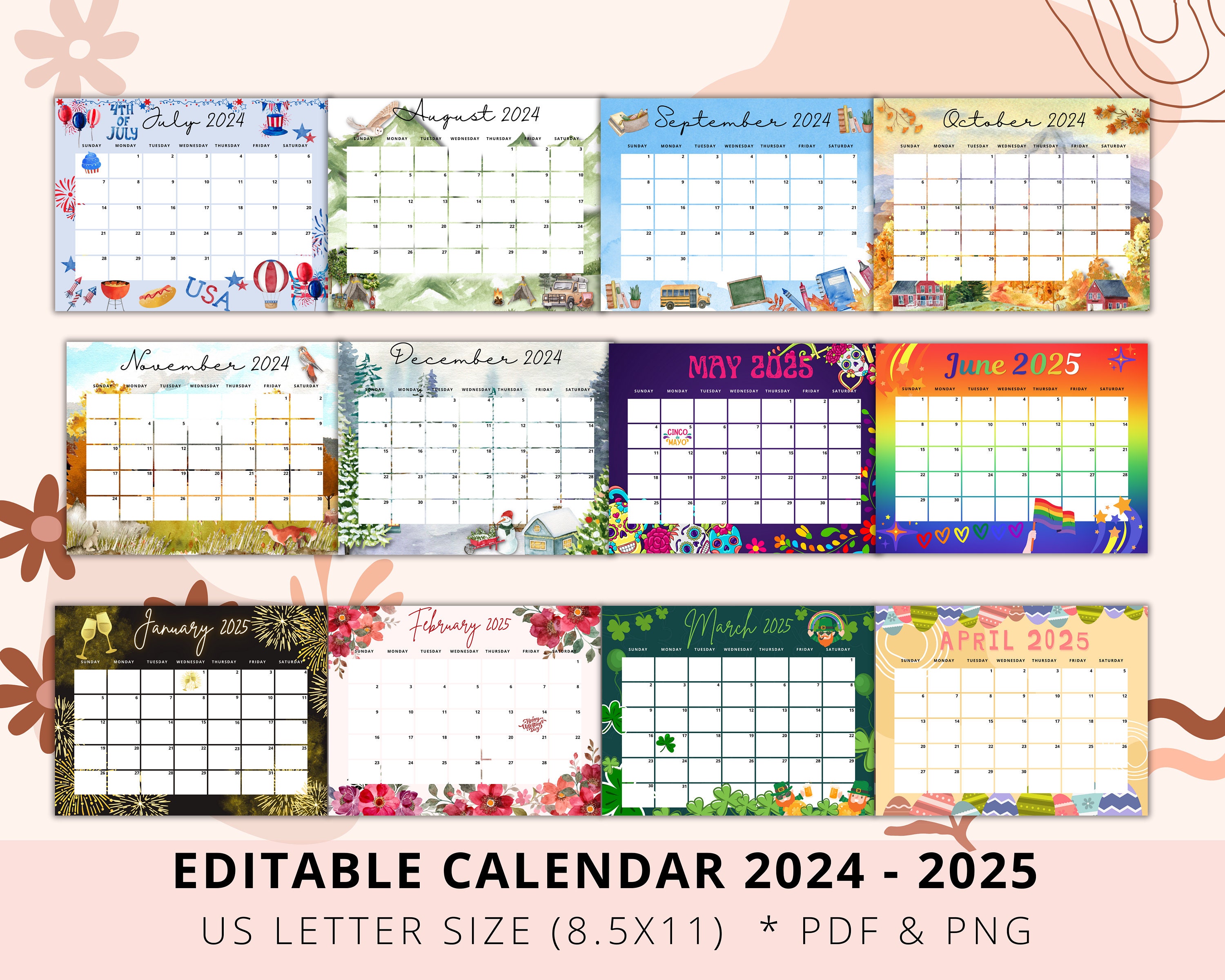 Editable Monthly Calendar 2024 2025, 12 Month, Back to School, Holiday ...
