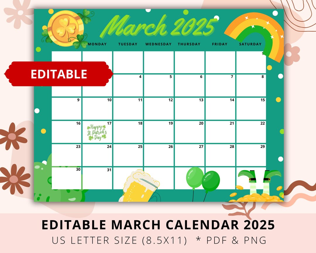 Editable March 2025 Calendar, St. Patrick's Day, Green Theme, March ...
