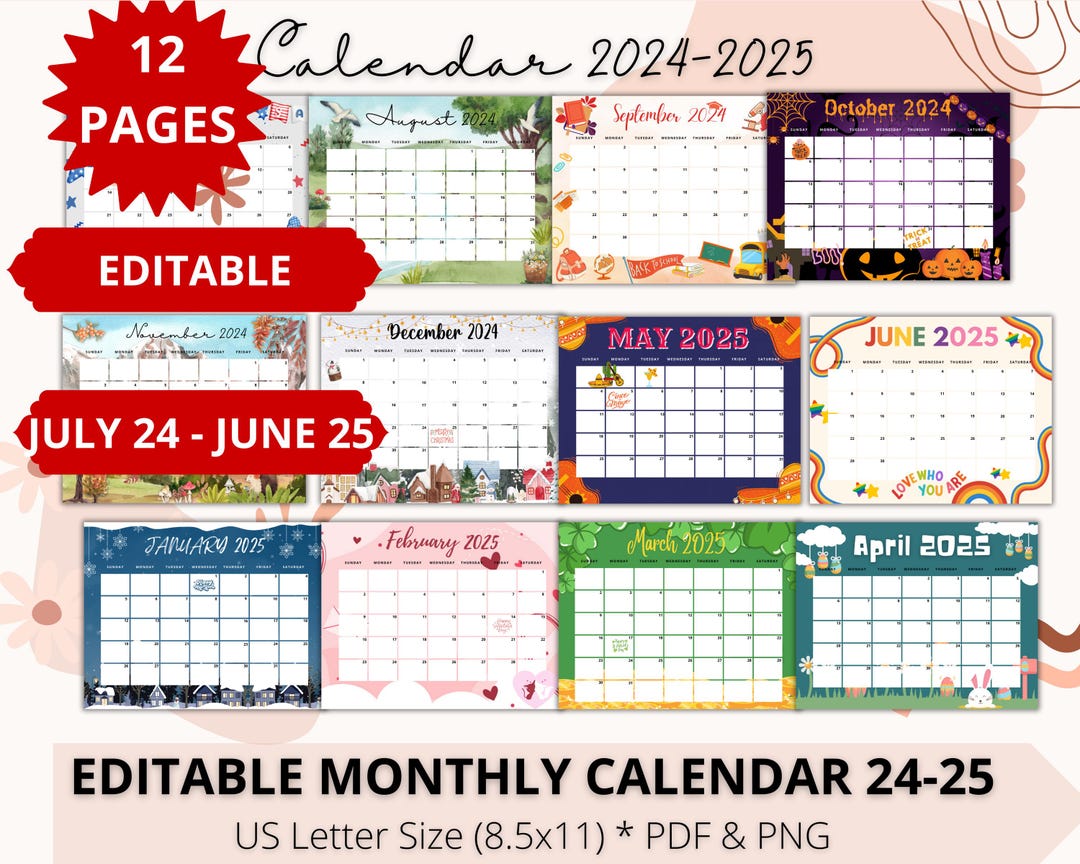 Editable Monthly Calendar 2024 2025, 12 Months, Back to School, Holiday ...