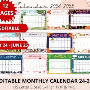 Editable Monthly Calendar 2024 2025, 12 Months, Back to School, Holiday ...
