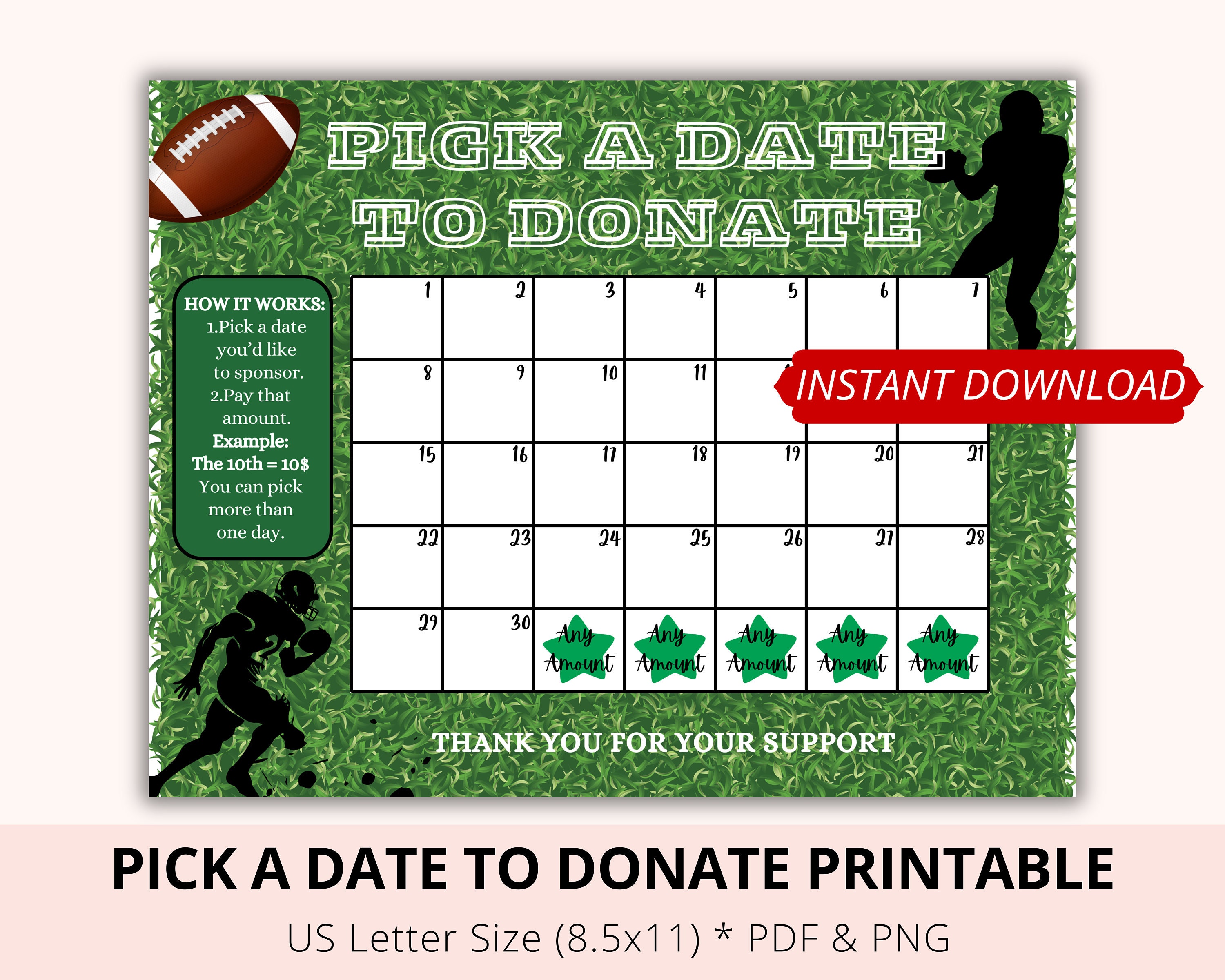 Football Pick a Date to Donate, Football Fundraiser Calendar, Pay the ...