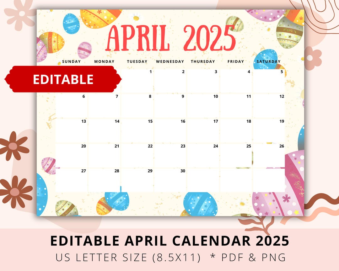 Editable April Calendar 2025, April 2025 Calendar, Easter Planner ...