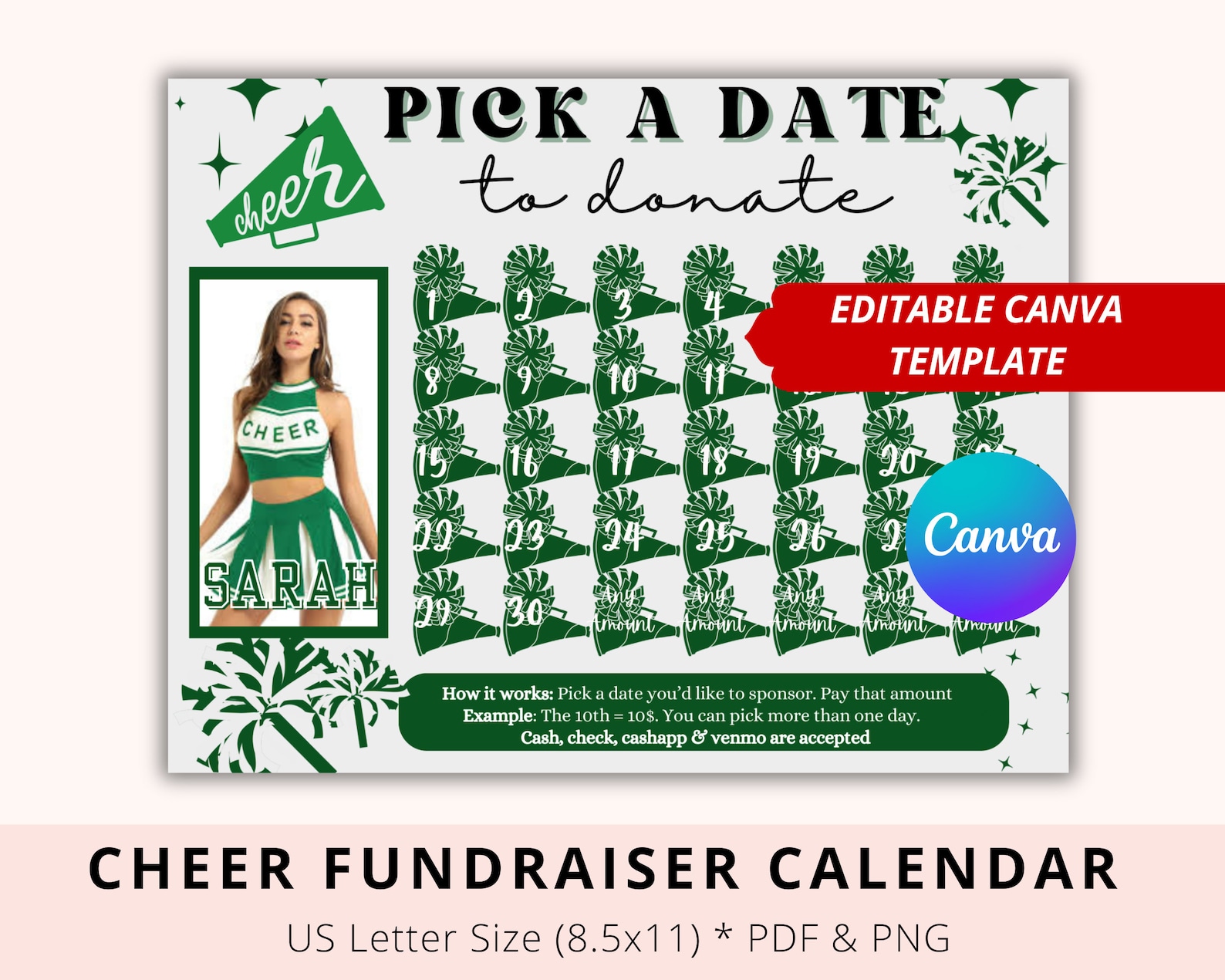 Editable Black Out My Board, Green Megaphone, Cheer Pick a Date to ...