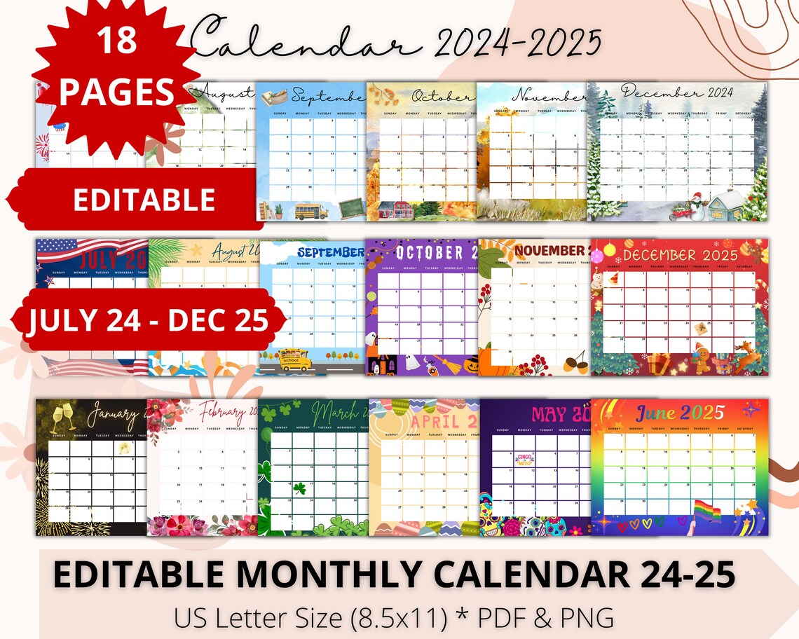 Editable Calendar 2024 2025, Calendar 2025, Back to School, Holiday ...
