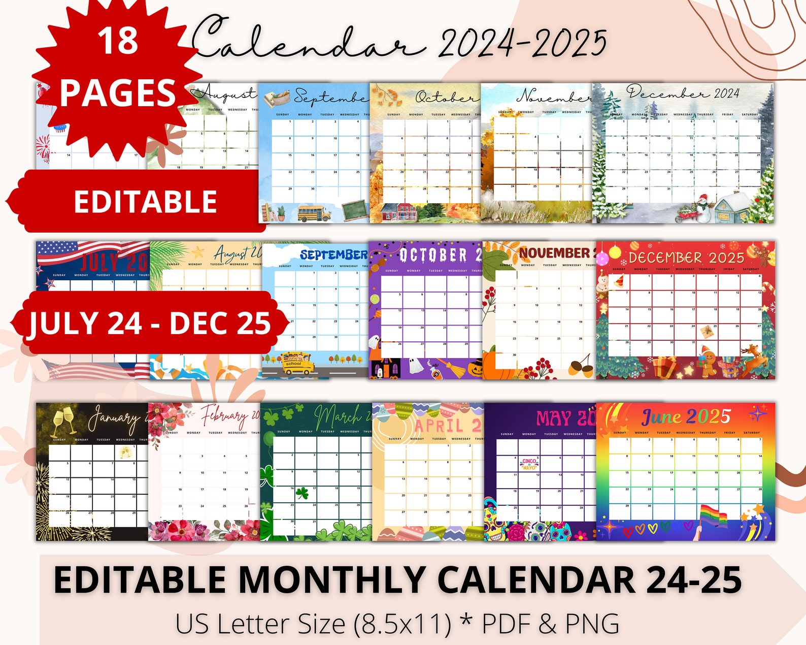 Editable Calendar 2024 2025, Calendar 2025, Back to School, Holiday ...