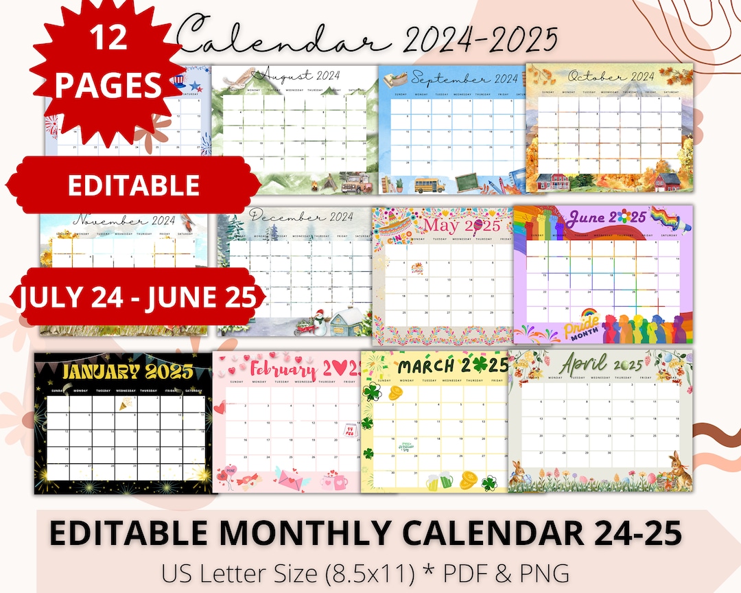 Editable Calendar 2024, Calendar 2025, 12 Month, Back to School ...