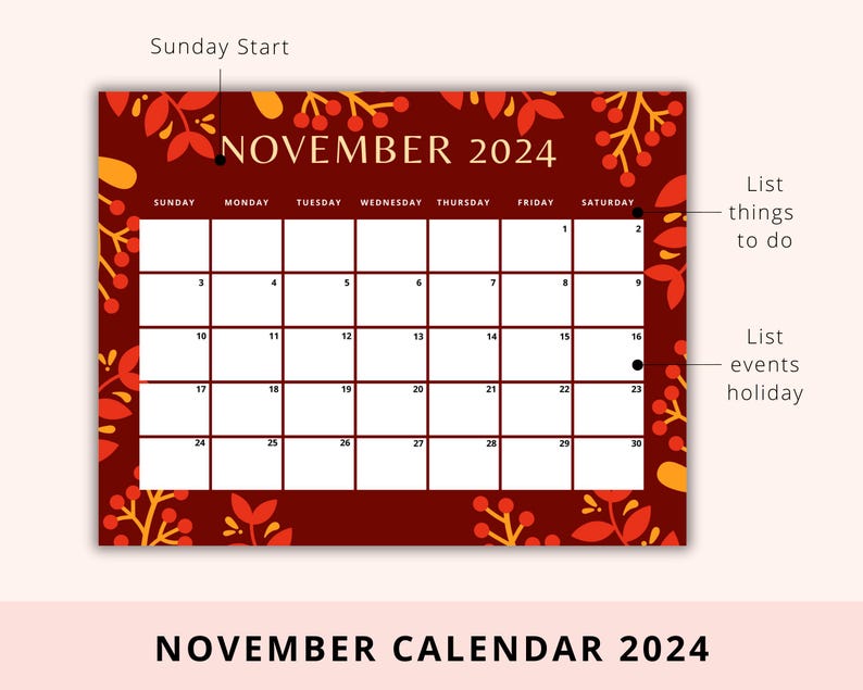 Editable Thanksgiving 2024 Calendar, November 2024 Calendar, Autumn ...