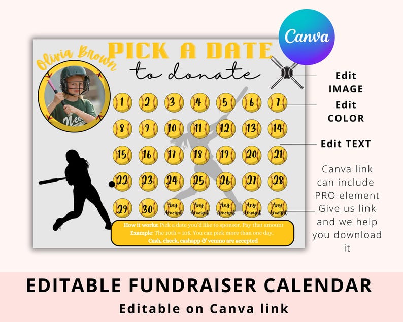 Editable Softball Black Out My Board, Yellow, Pick a Date to Donate ...