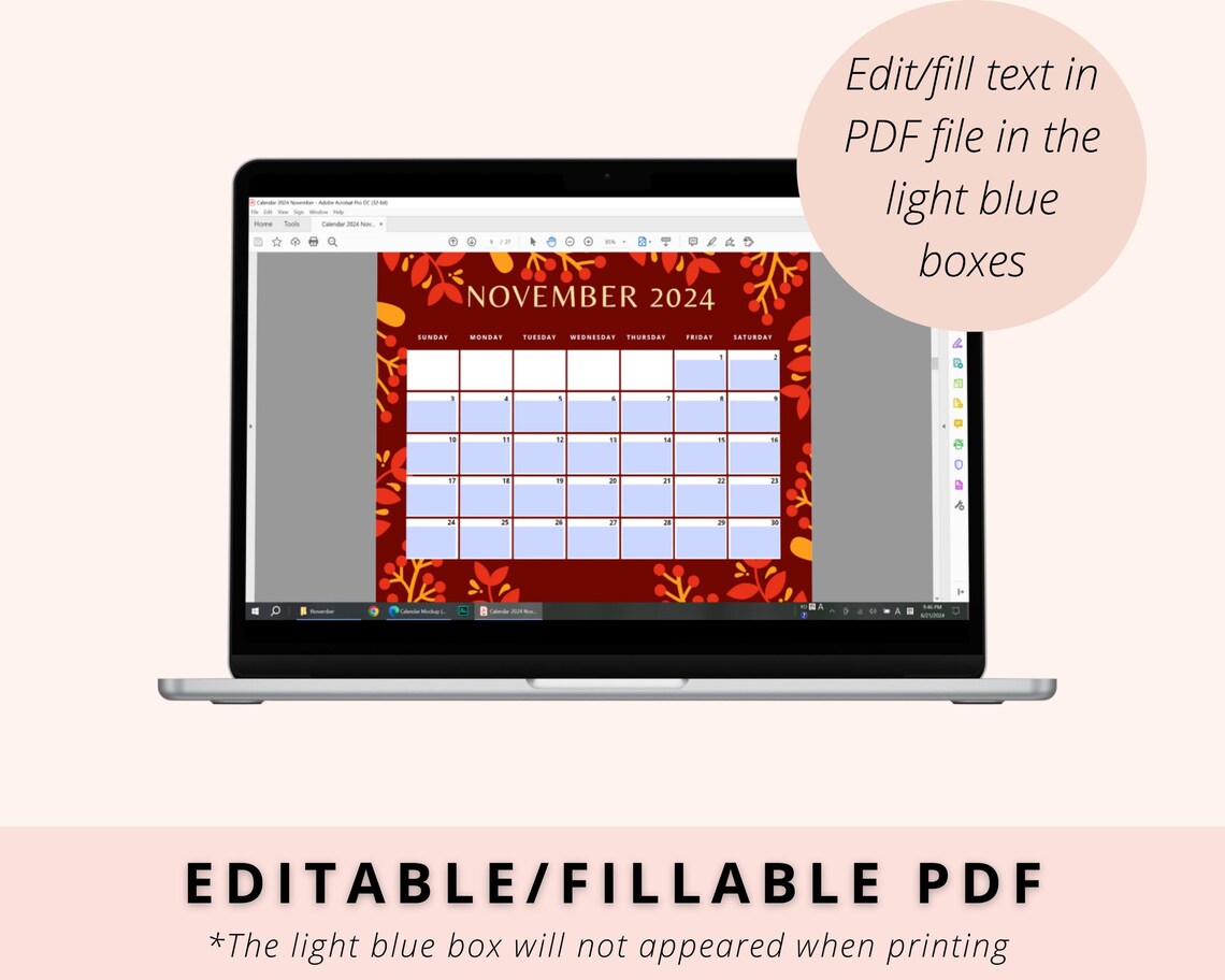 Editable Thanksgiving 2024 Calendar, November 2024 Calendar, Autumn ...