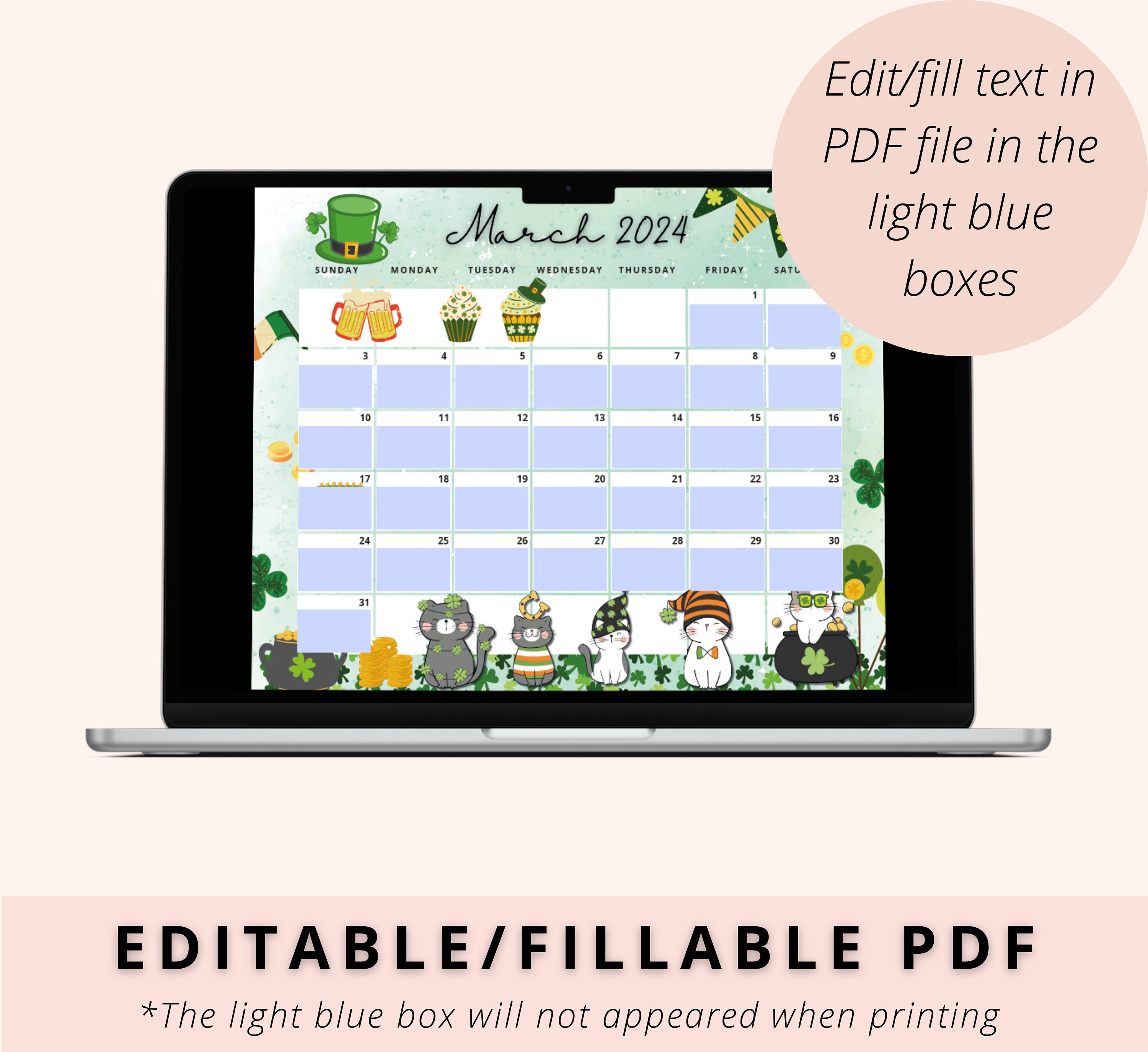 Editable March 2024 Calendar St Patrick Cat Lover (Download Now) - Etsy