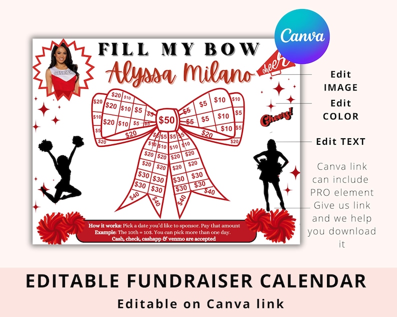 Editable Cheer Pick a Date to Donate, Red Theme, School Cheerleading ...
