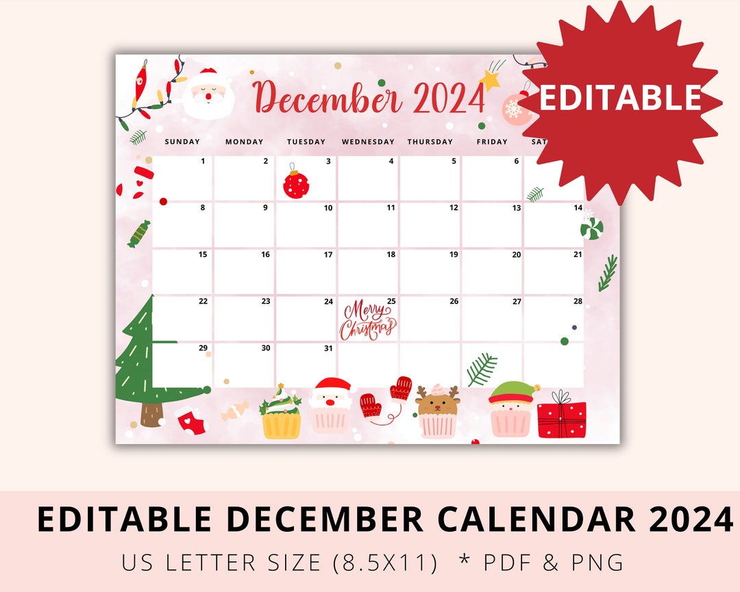 Editable Christmas Calendar 2024, December 2024 Calendar, Pink Theme ...