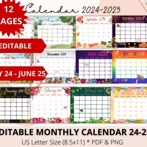 EDITABLE Monthly Calendar 2024 2025, Back to School, Teacher Calendar ...