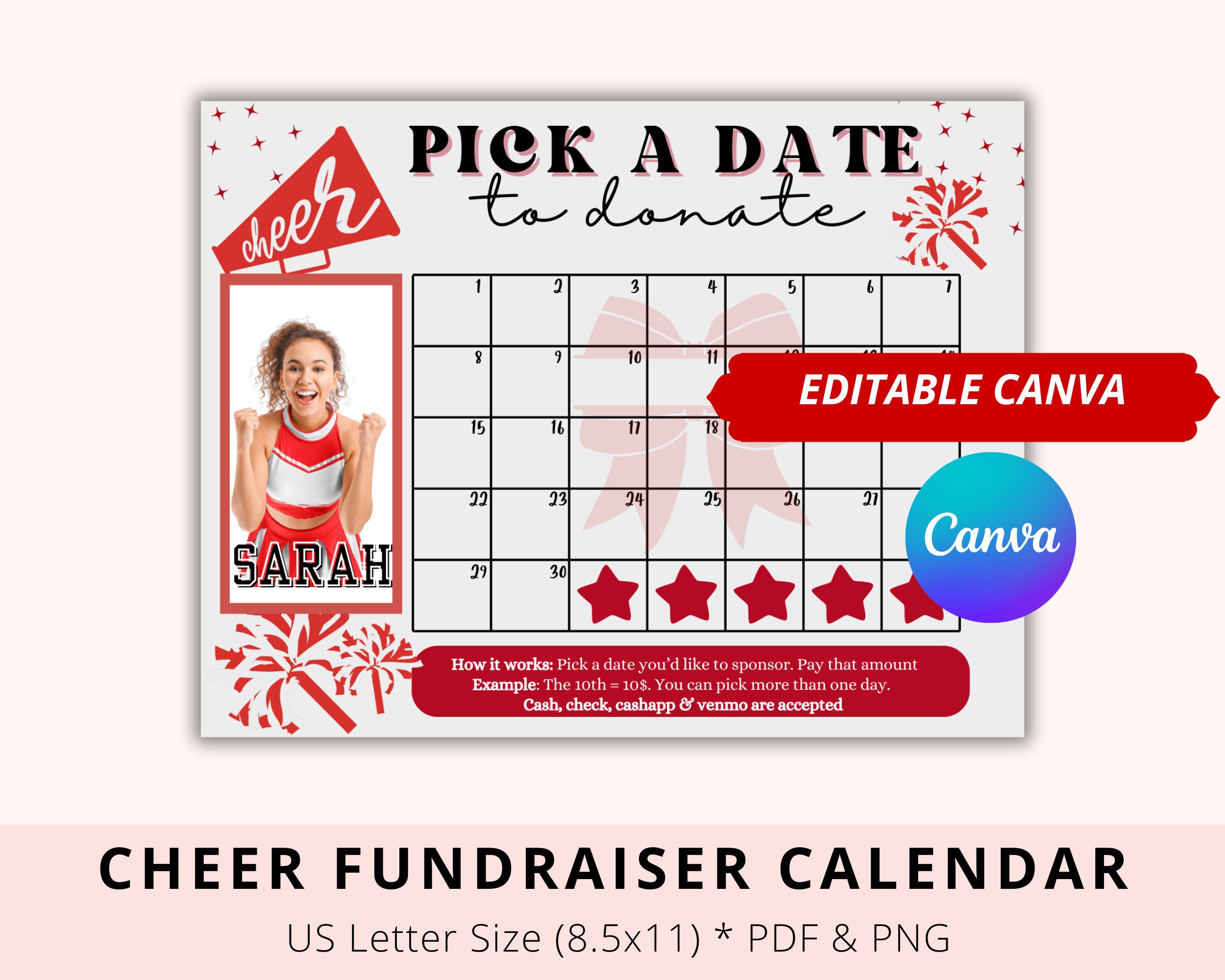 Editable Cheer Template Pick a Date, Fundraiser Calendar, Red Theme ...