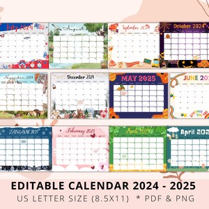 Editable Monthly Calendar 2024 2025, 12 Months, Back to School, Holiday ...