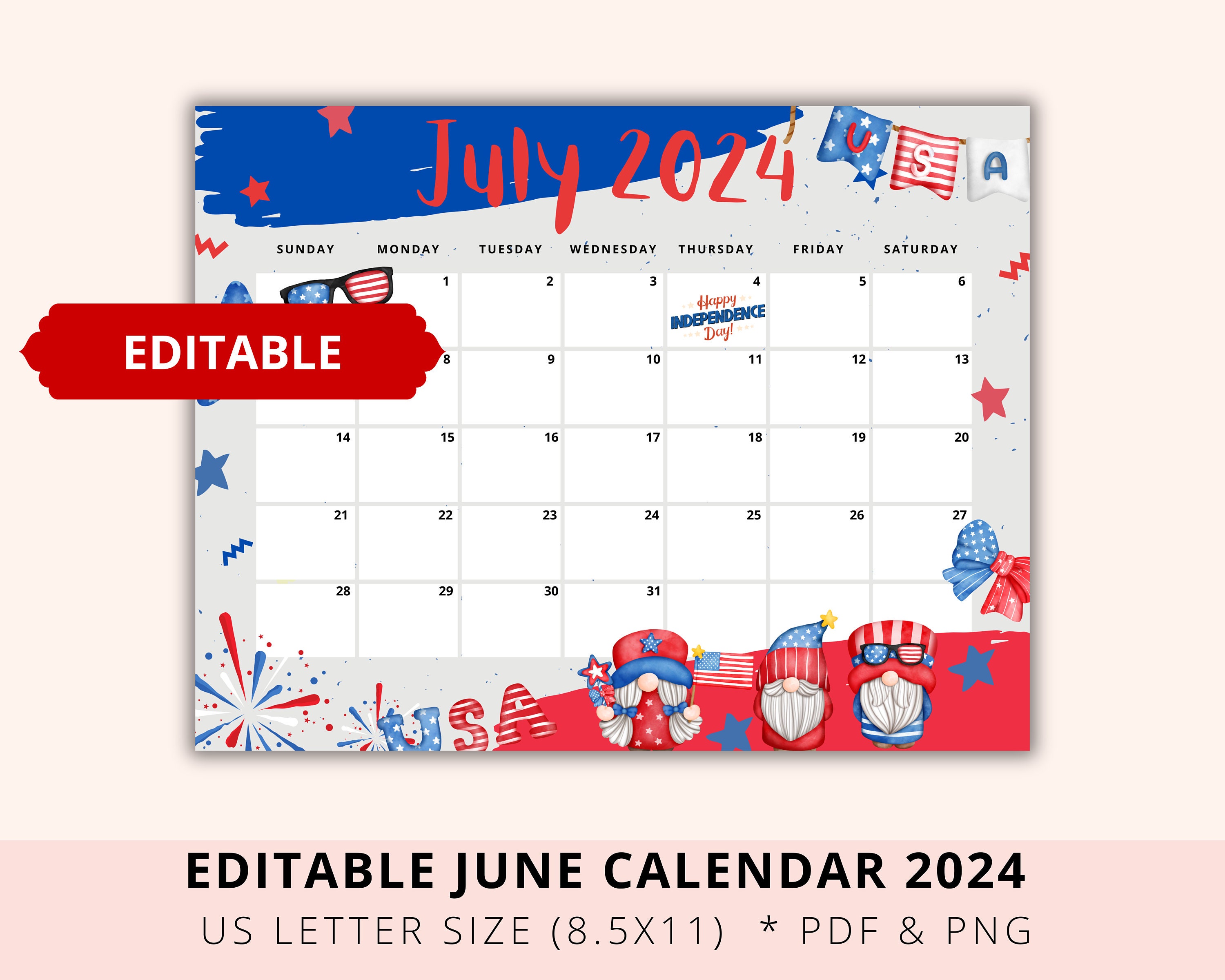 Editable July 2024 Calendar, Cat Lover, Calendar Printable ...