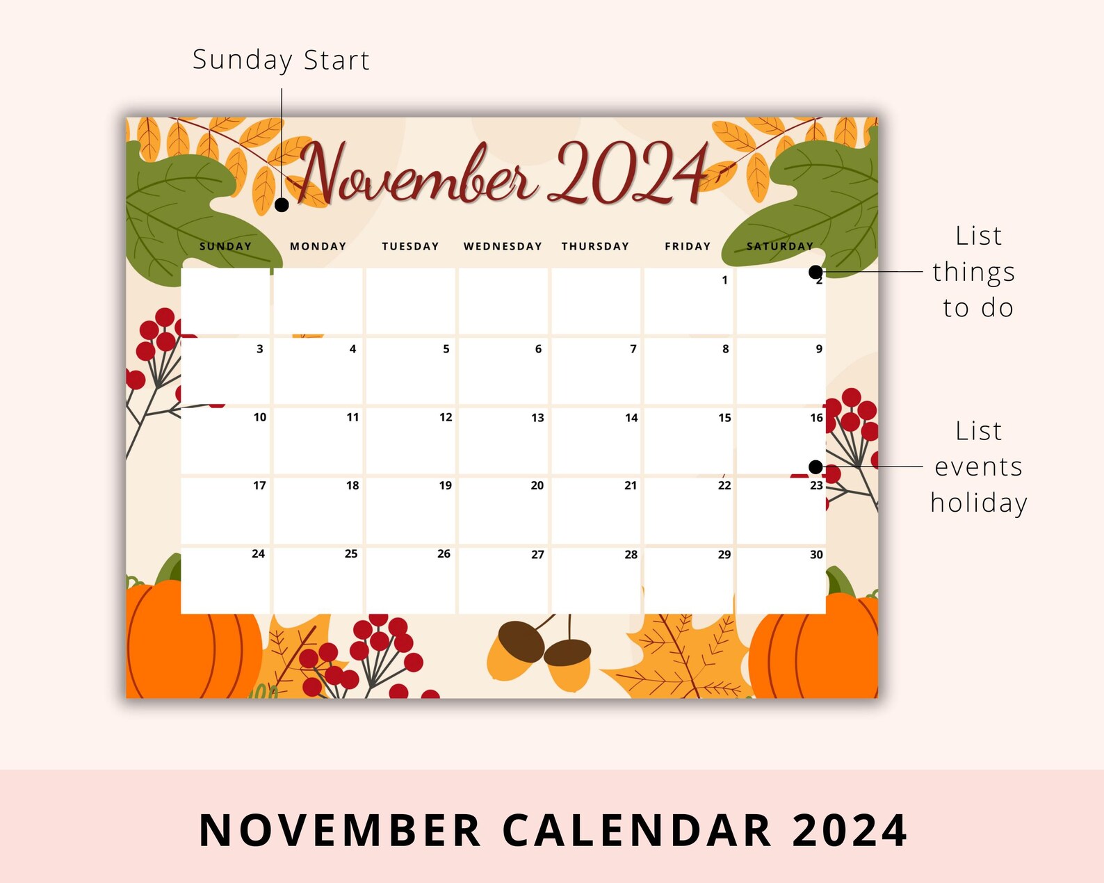 Editable Thanksgiving 2024 Calendar, November 2024 Calendar, Autumn ...