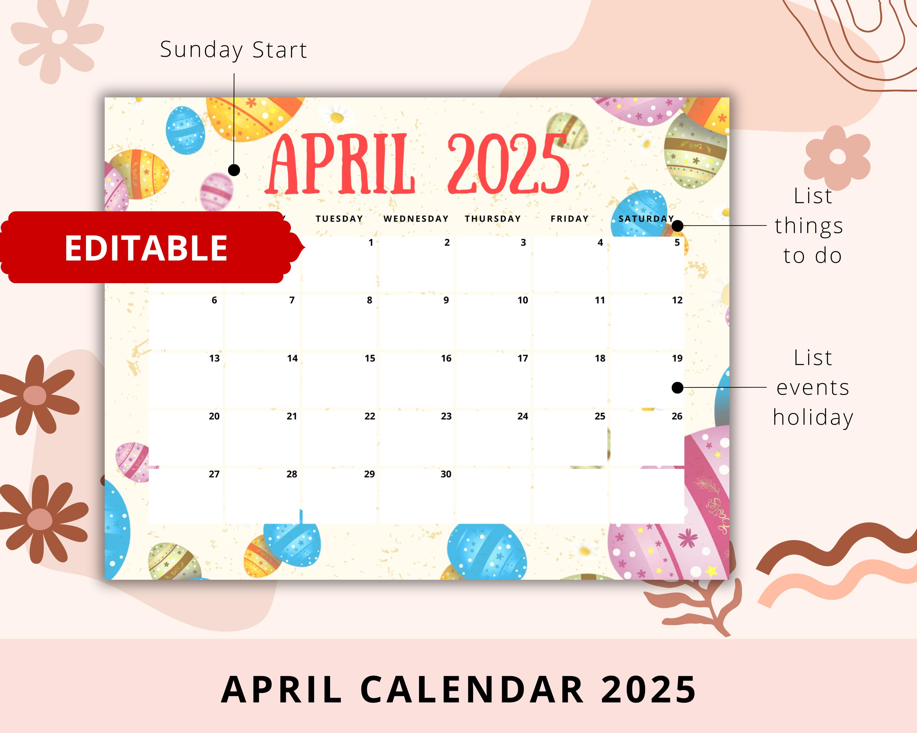 Editable April Calendar 2025, April 2025 Calendar, Easter Planner ...