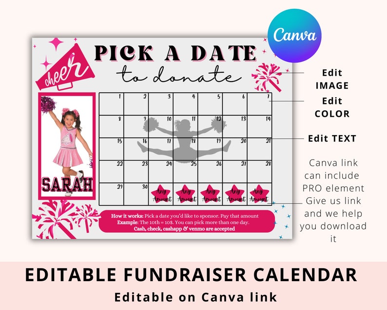 Editable Cheer Pick a Date to Donate, Pink, Canva Template, Pay the ...