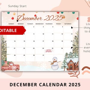 Editable Christmas Calendar 2025, December 2025 Planner, Christmas ...