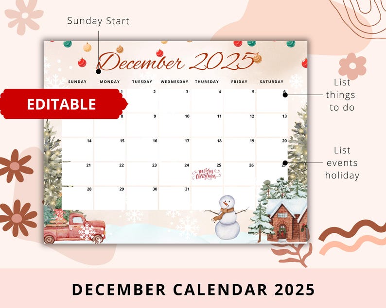 Editable Christmas Calendar 2025, December 2025 Planner, Christmas ...