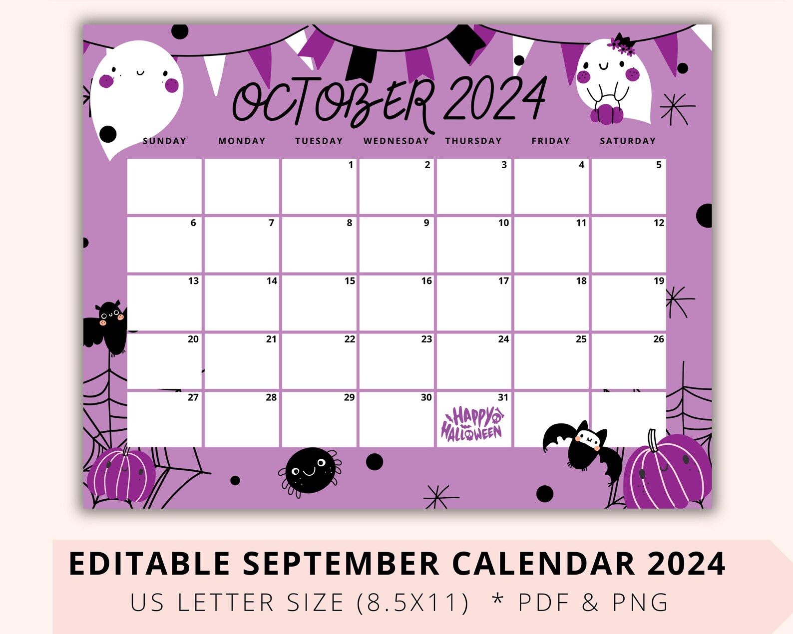 Editable October 2024 Calendar, Halloween 2024 Calendar, Kid Calendar ...