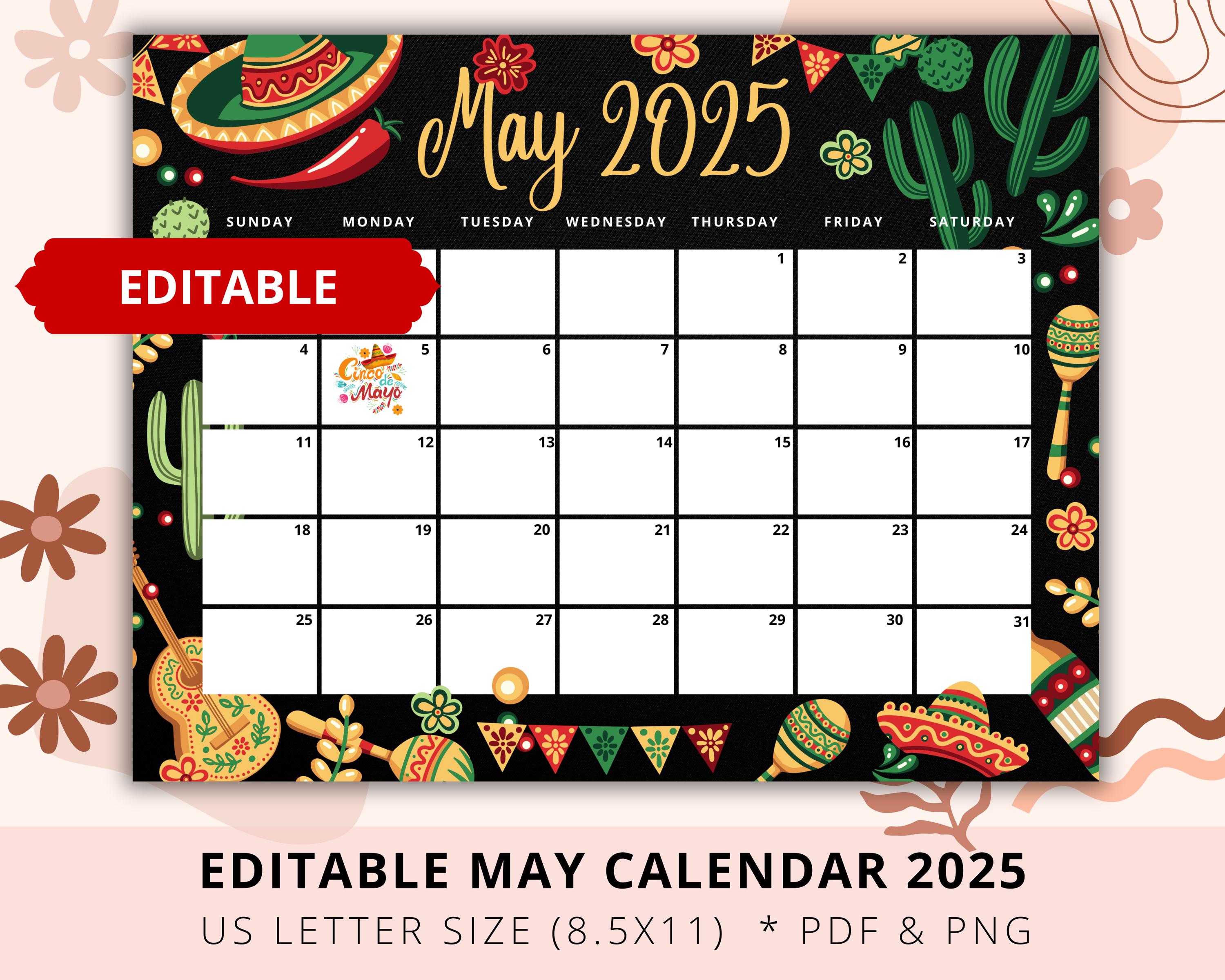 Editable May Calendar 2025, May Holiday Calendar, Monthly Calendar 2025 ...