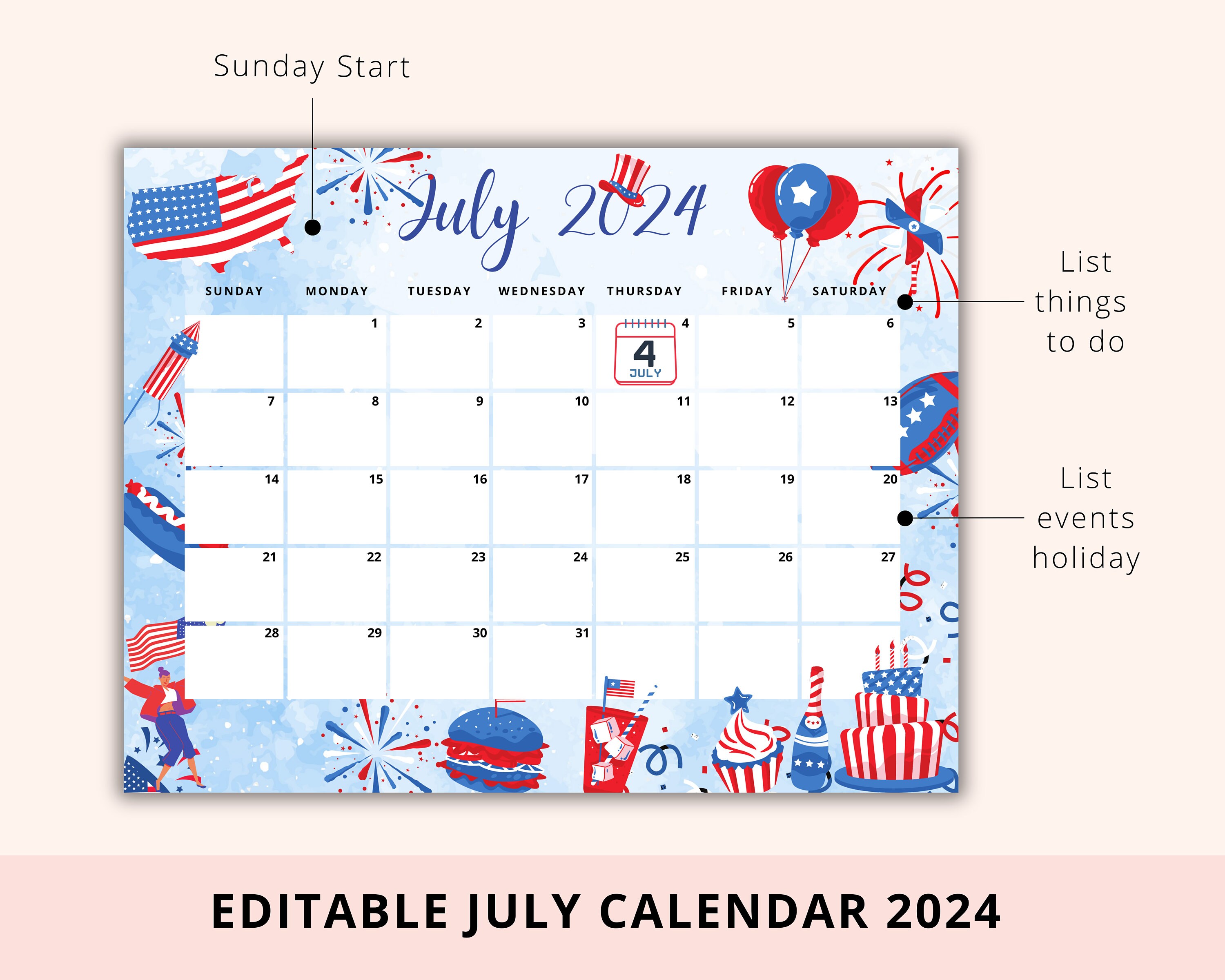 Editable July Calendar 2024, July 4th 2024, Classroom Calendar ...