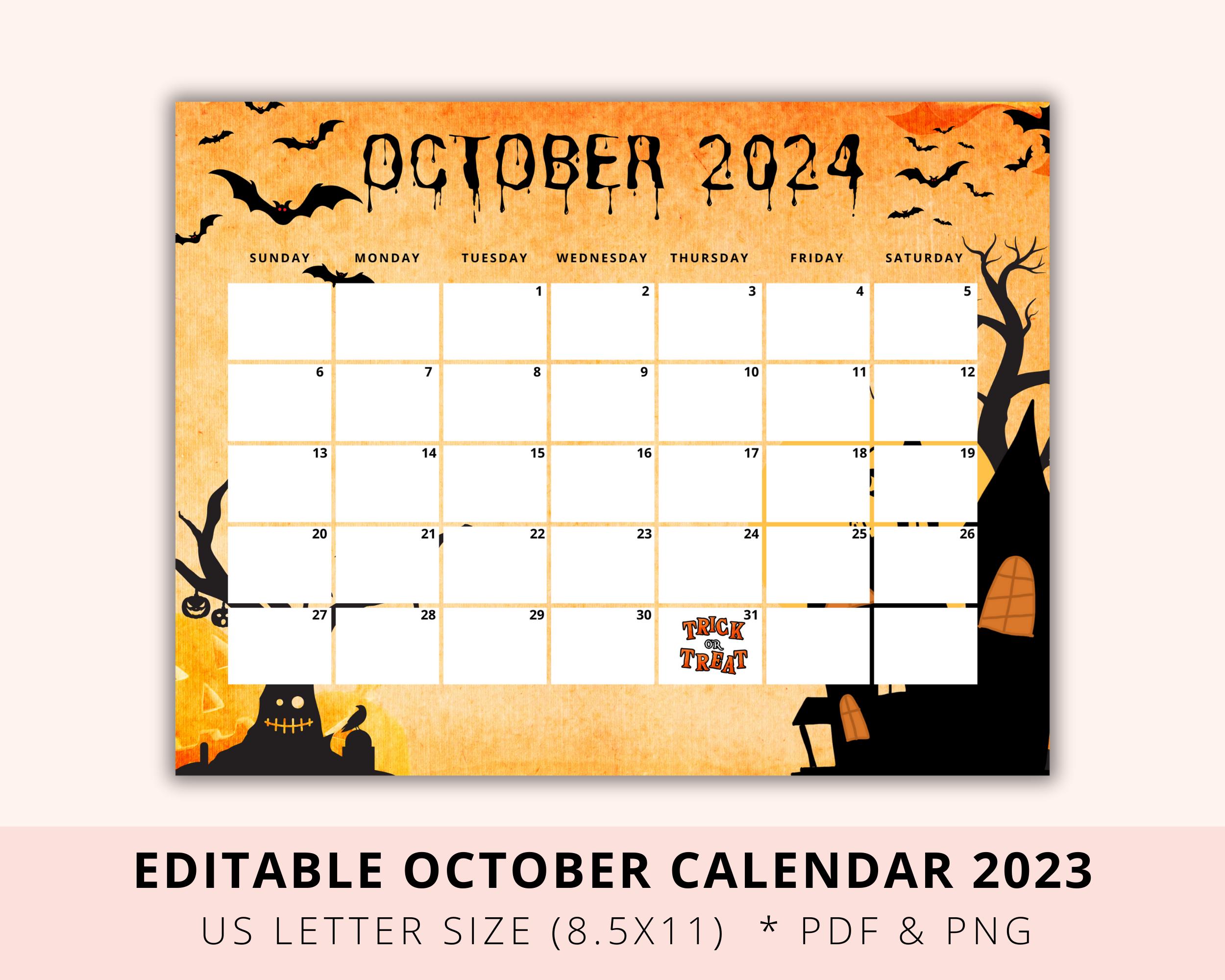 Editable Halloween Calendar 2024, October 2024 Calendar, Trick or Treat ...