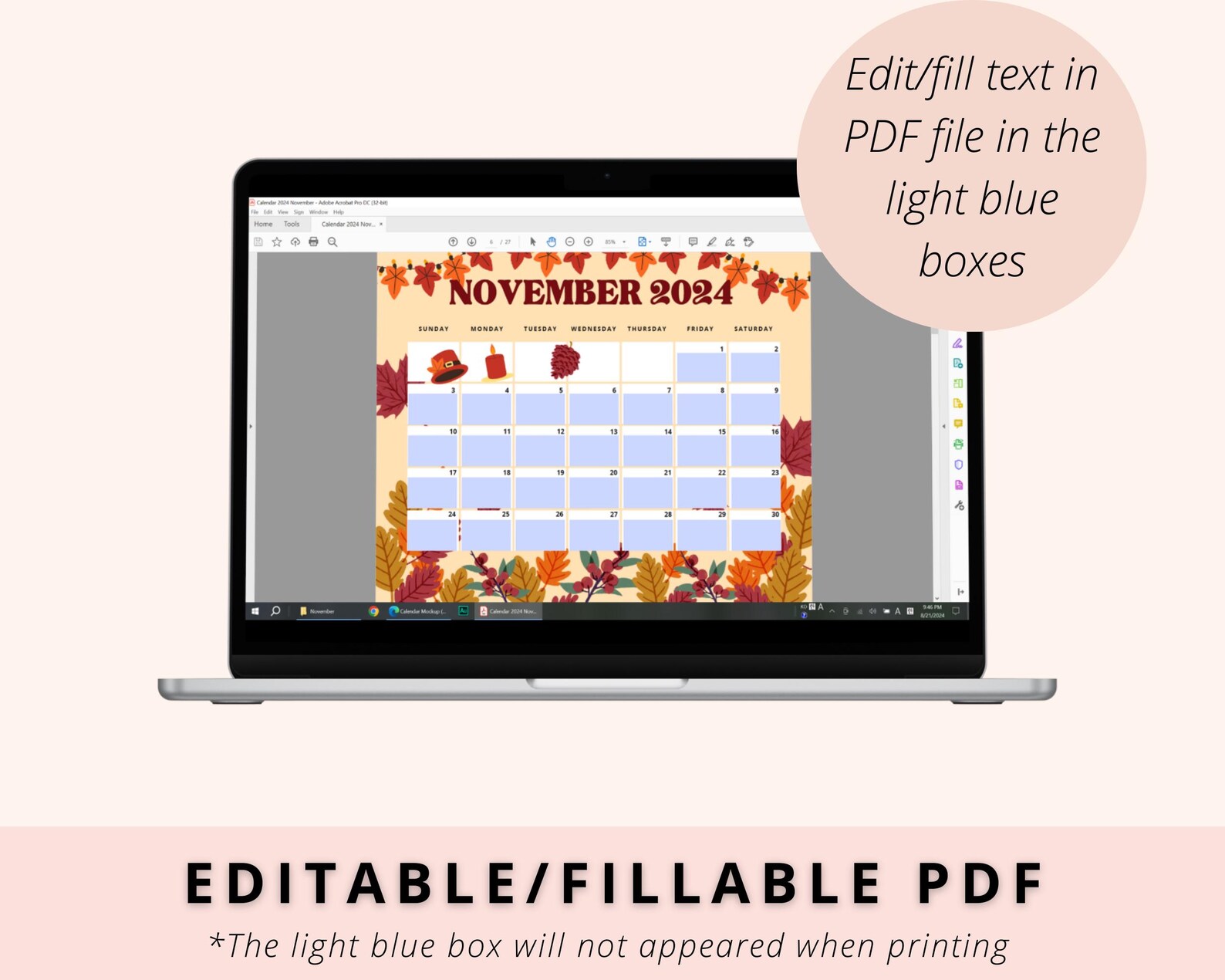 Editable Thanksgiving 2024 Calendar, November 2024 Calendar, Minimalist ...