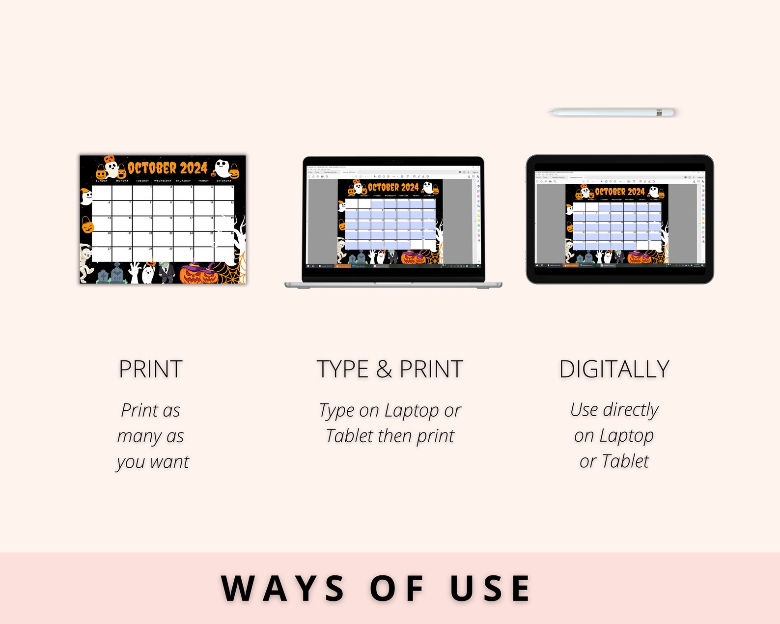 Editable Halloween Calendar 2024, October 2024 Calendar, Trick or Treat ...