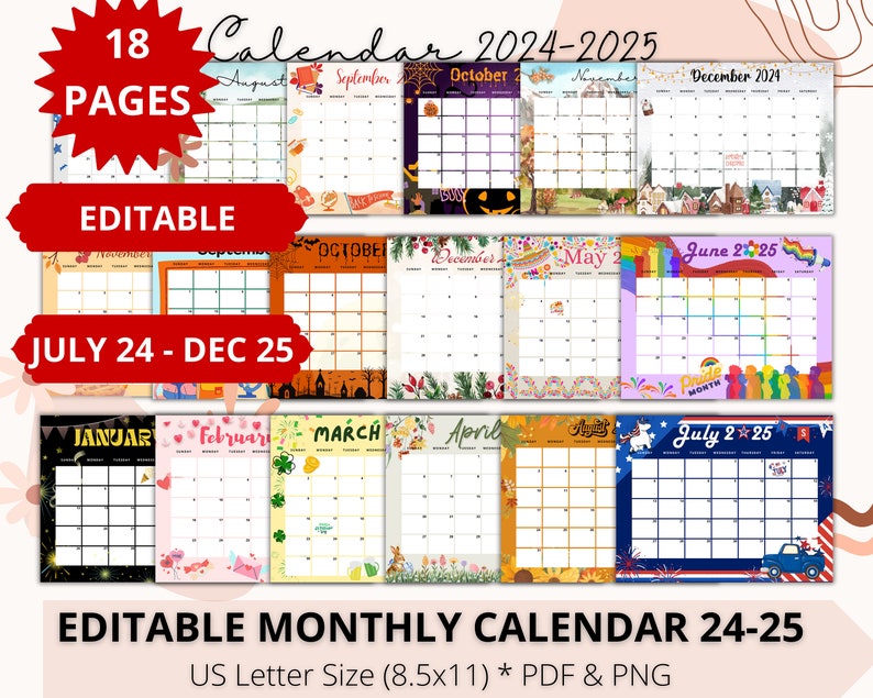 Editable Monthly Calendar 2024 2025, Teacher, Kid, Back to School ...