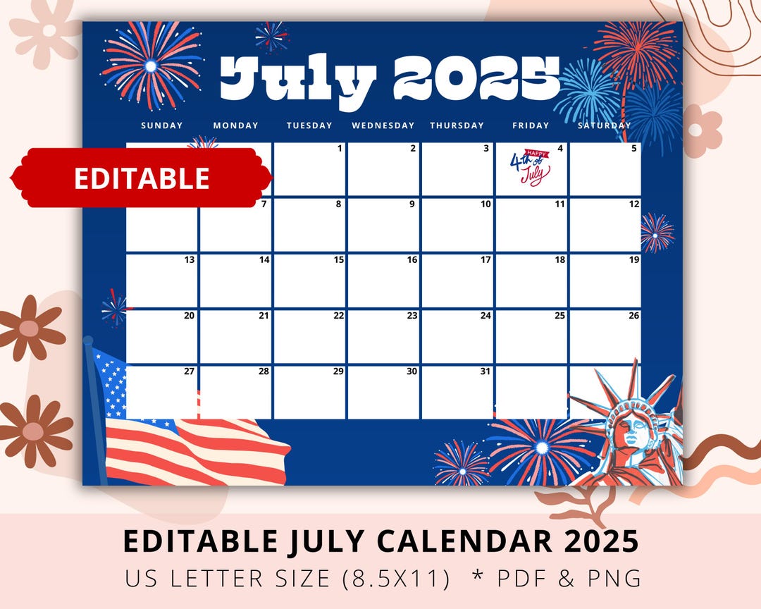 Editable July 2025 Calendar, July 4th Calendar, Kid Calendar, Holiday ...