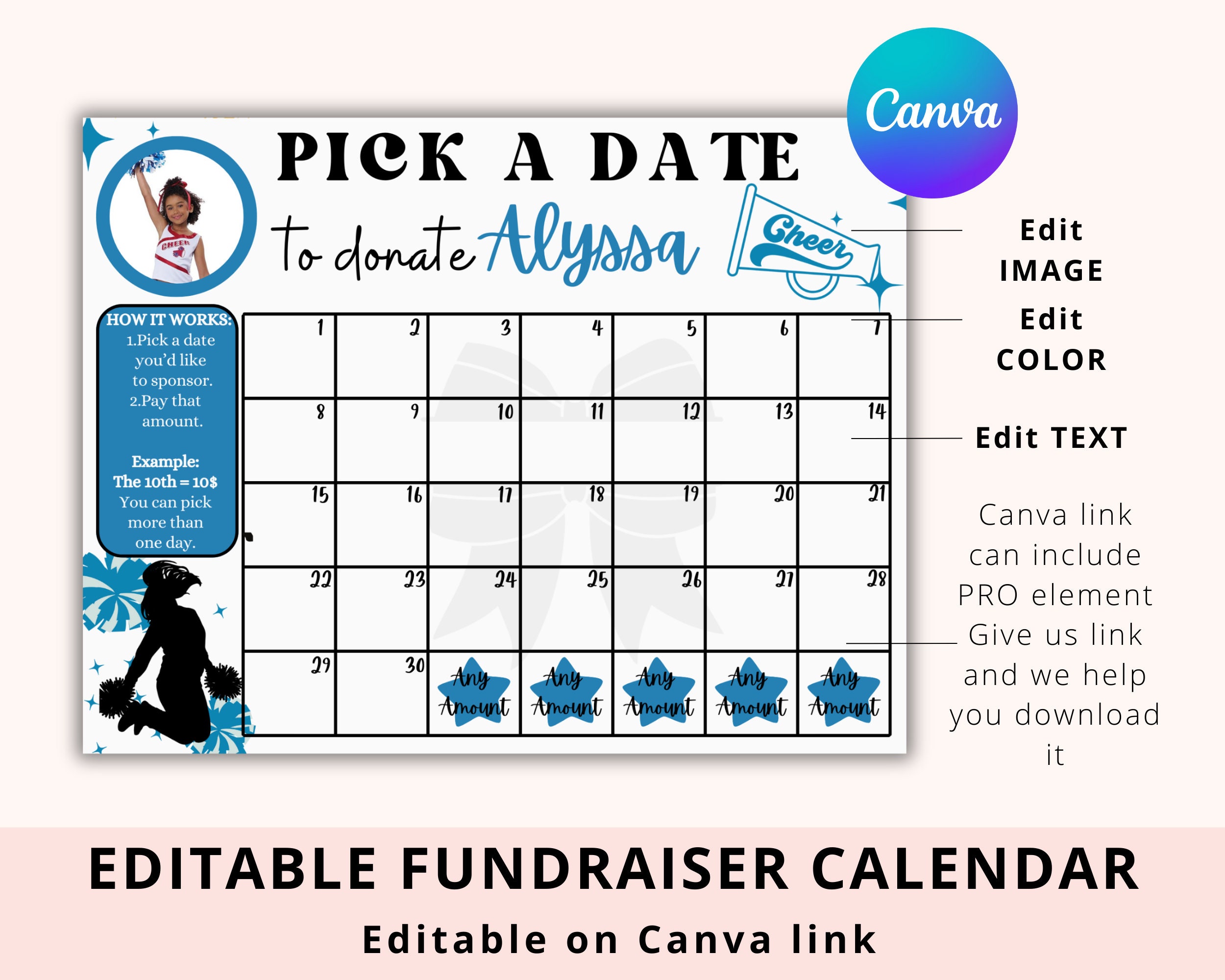 EDITABLE Cheer Template Pick a Date Fundraiser Calendar Sponsor a Date ...