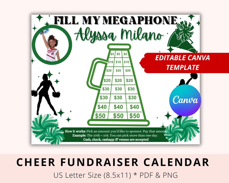 Editable Cheer Pick a Date to Donate, Green Theme, School Cheerleading ...