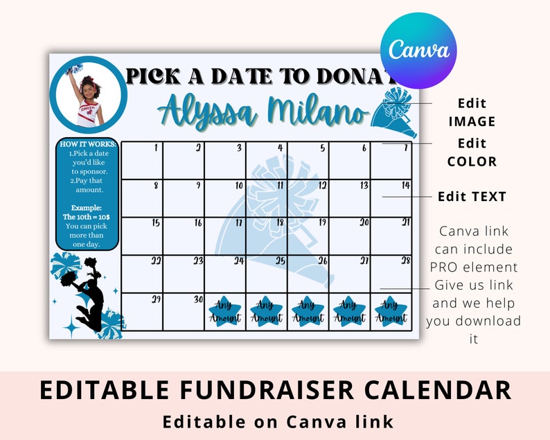 Cheer Pick a Date to Donate, Pay the Date Fundraiser, Blue Theme ...