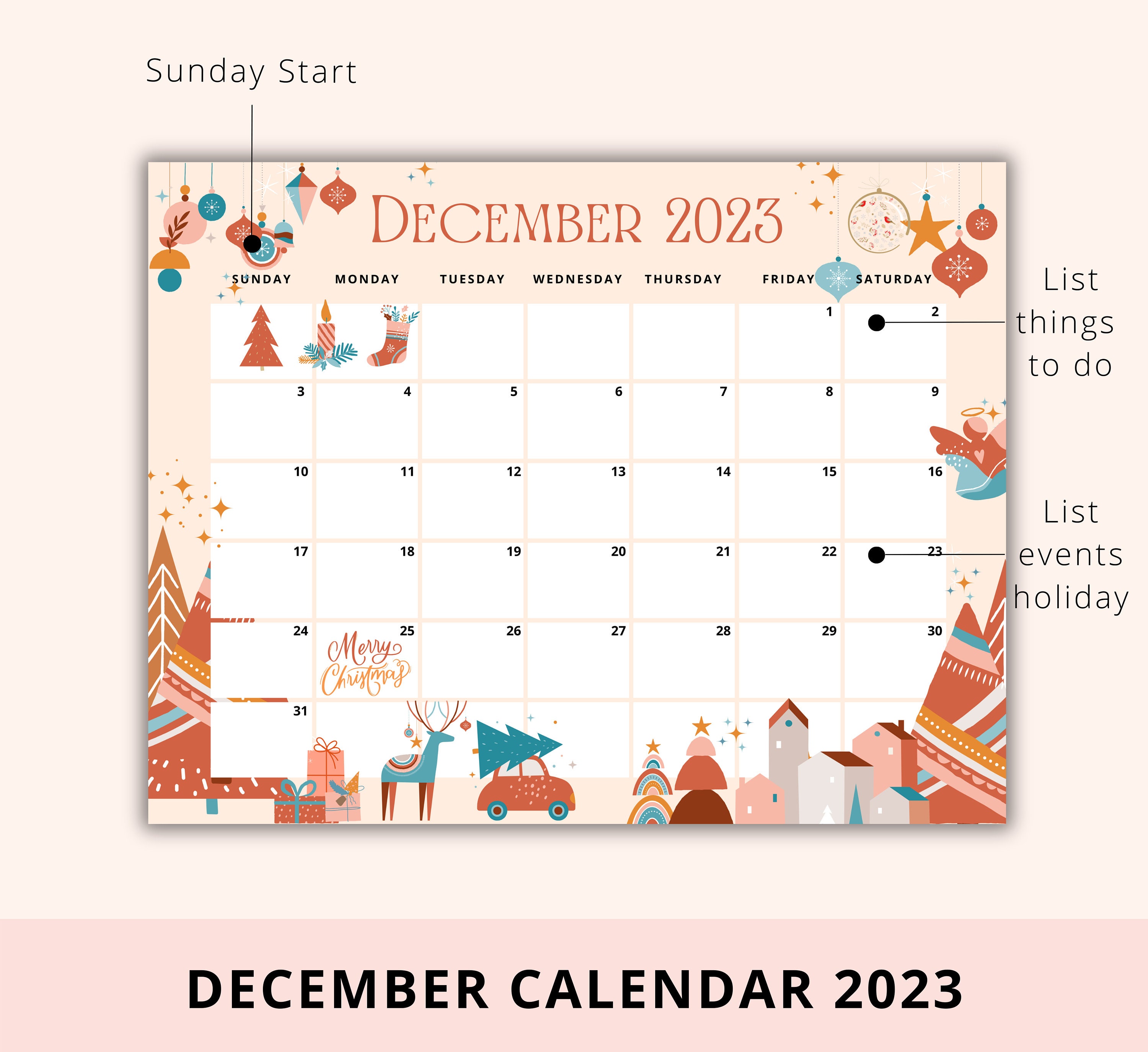 Editable Christmas Calendar 2023, December Calendar Printable, Boho ...