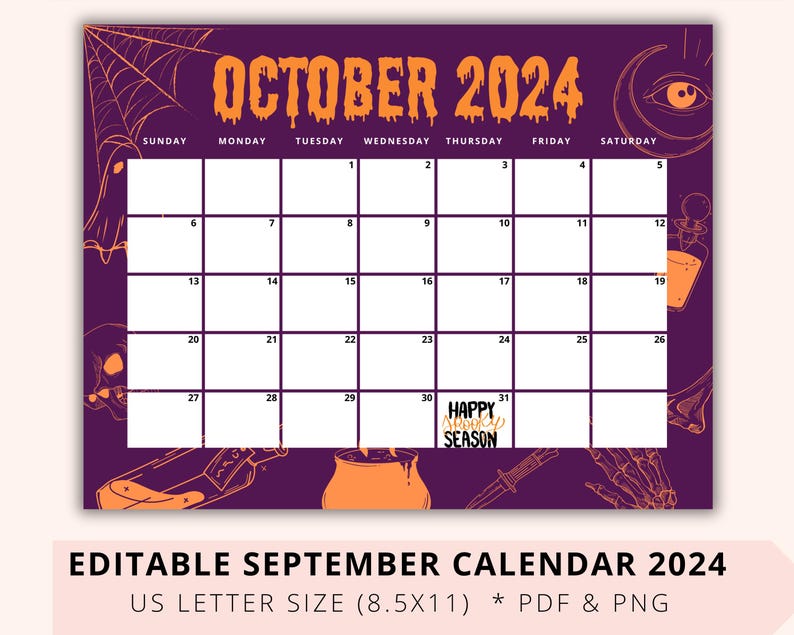 Editable October 2024 Calendar Printable, Trick or Treat, Halloween ...
