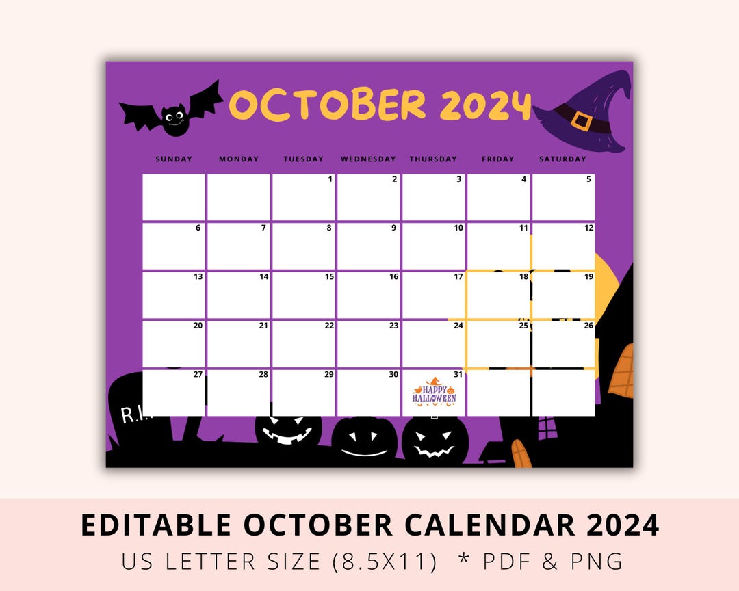 Editable October 2024 Calendar, Halloween 2024 Calendar, Teacher ...