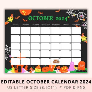 Editable Halloween Calendar 2024, October 2024 Calendar, Trick or Treat ...