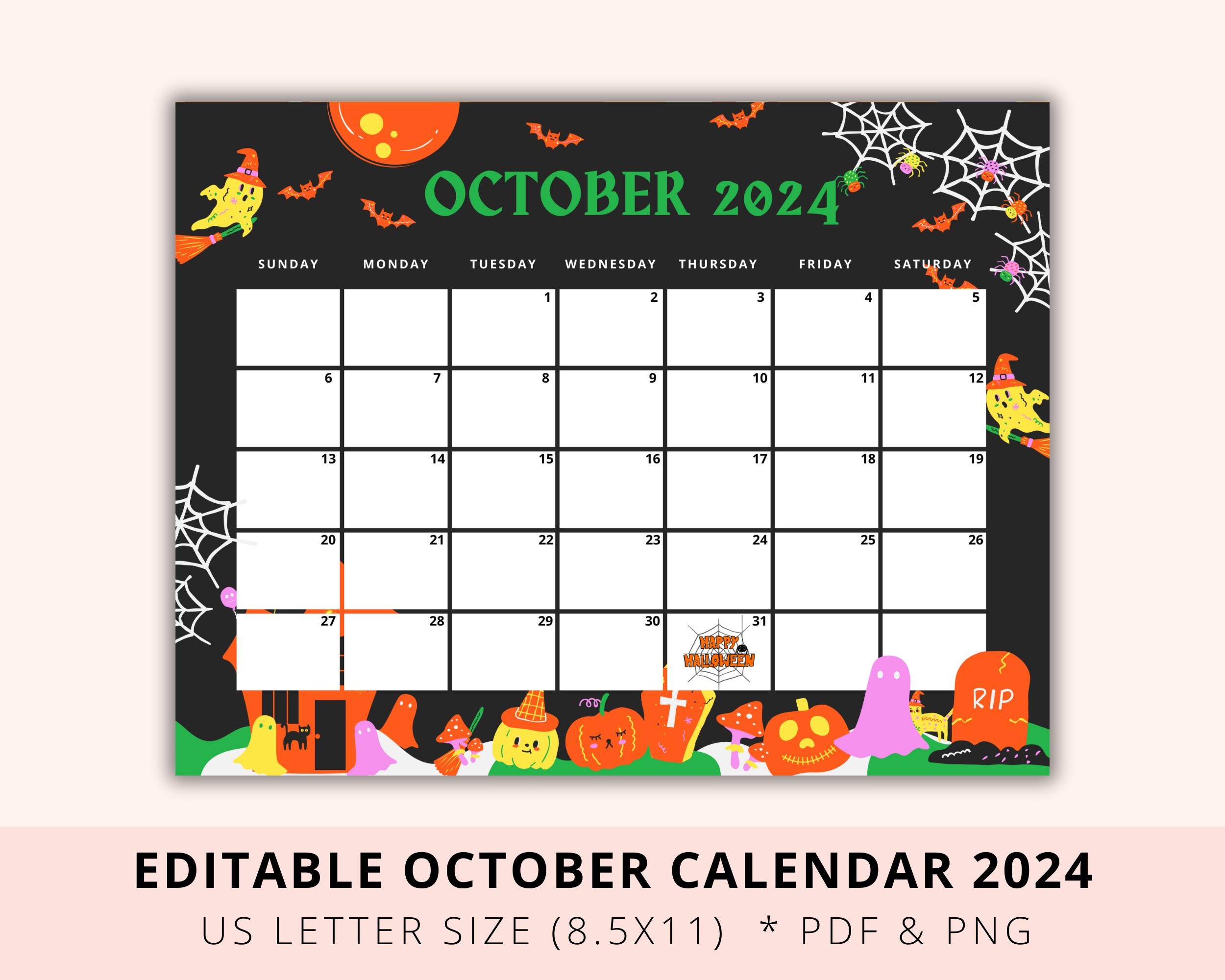 Editable Halloween Calendar 2024, October 2024 Calendar, Trick or Treat ...