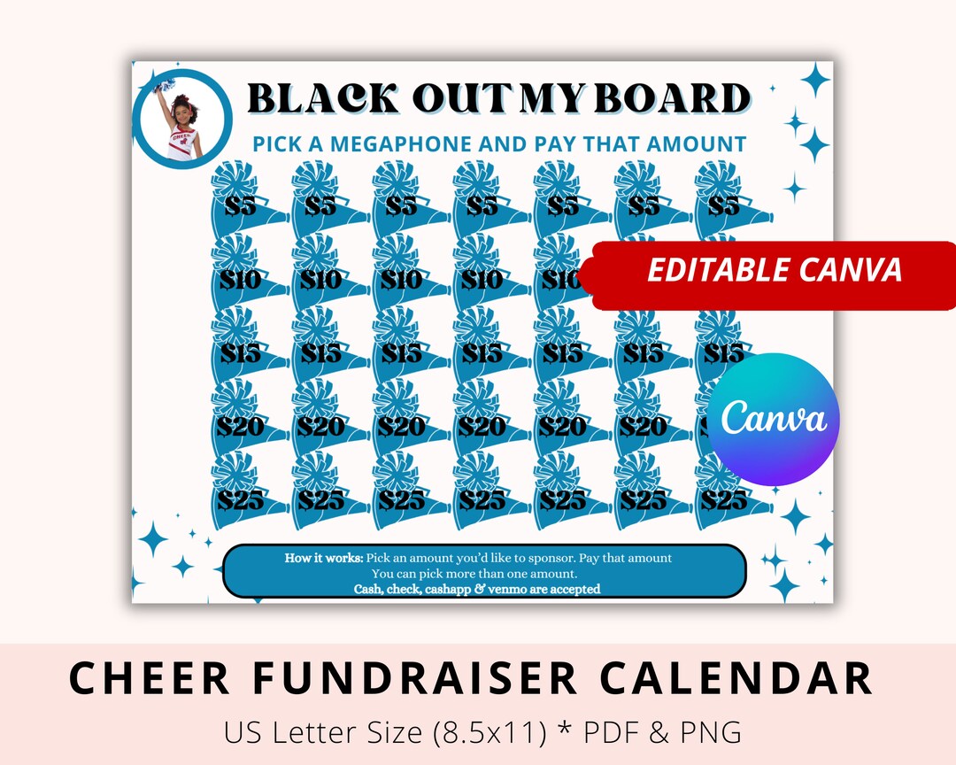 Editable Cheerleading Black Out My Board, Pick A Date to Donate ...