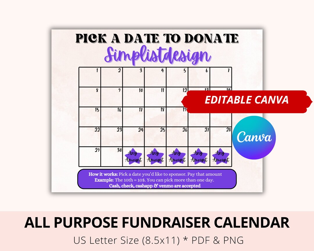 Editable All Purpose Pick a Date to Donate, Purple Theme, All Purpose Fundraiser Calendar ...