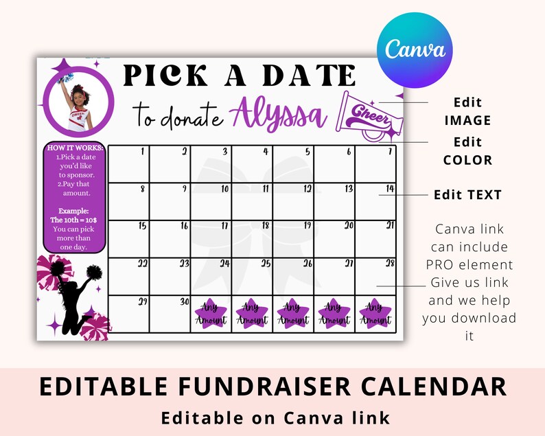 Editable Cheer Template Pick a Date, Fundraiser Calendar, Purple Theme ...