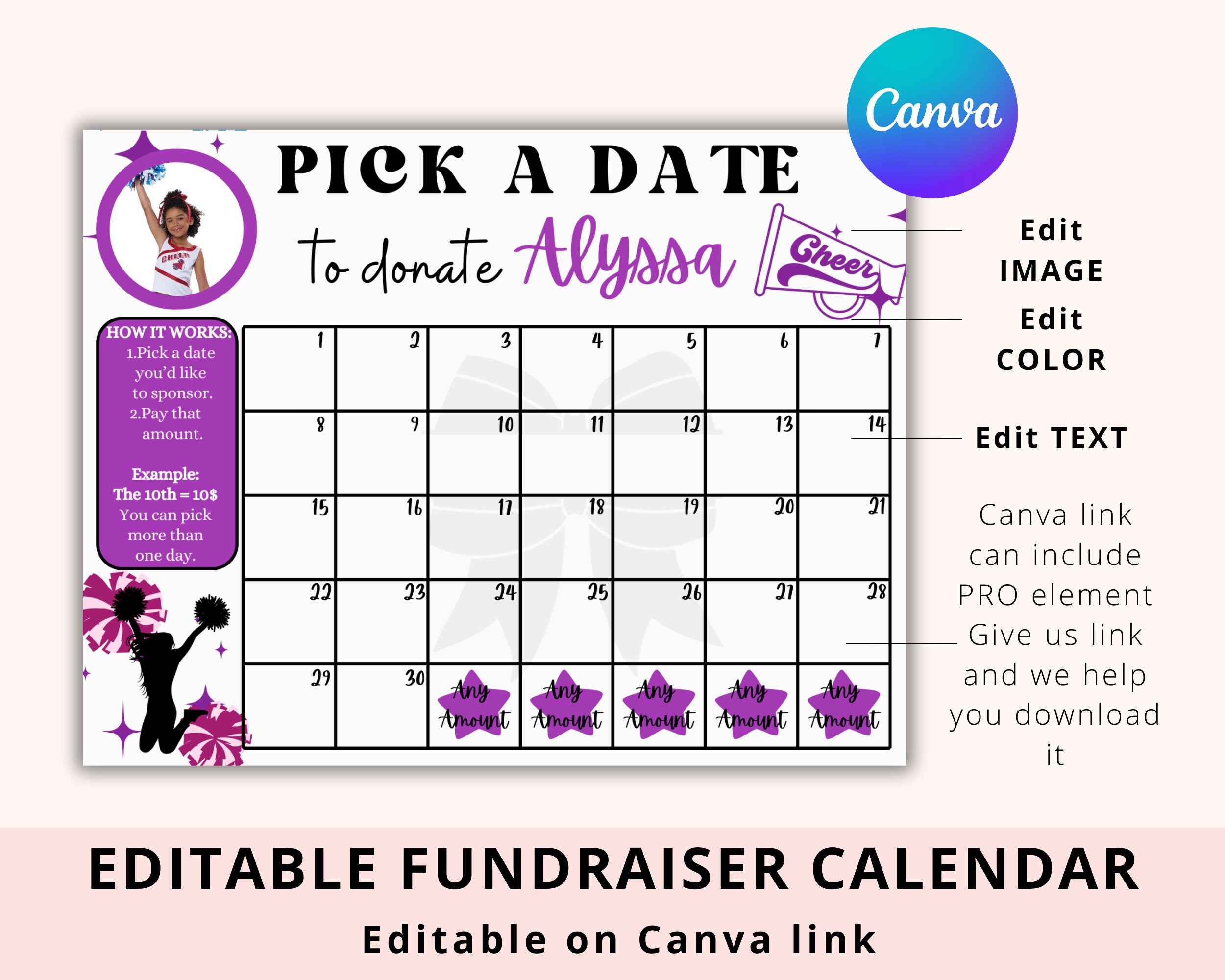 Editable Cheer Template Pick a Date, Fundraiser Calendar, Purple Theme ...