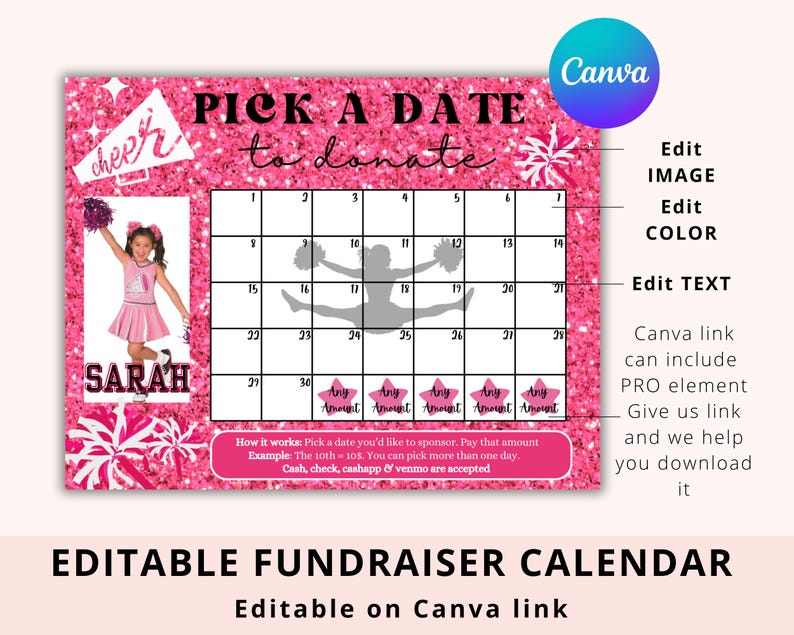 Editable Cheer Pick a Date to Donate, Black Out My Board, Fill My ...